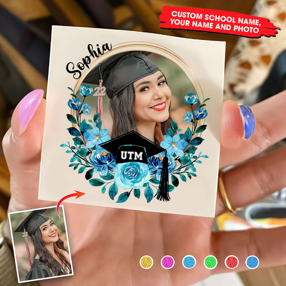 Grad Color Flowers, Custom Photo And Name Temporary Tattoo, Personaliz ...