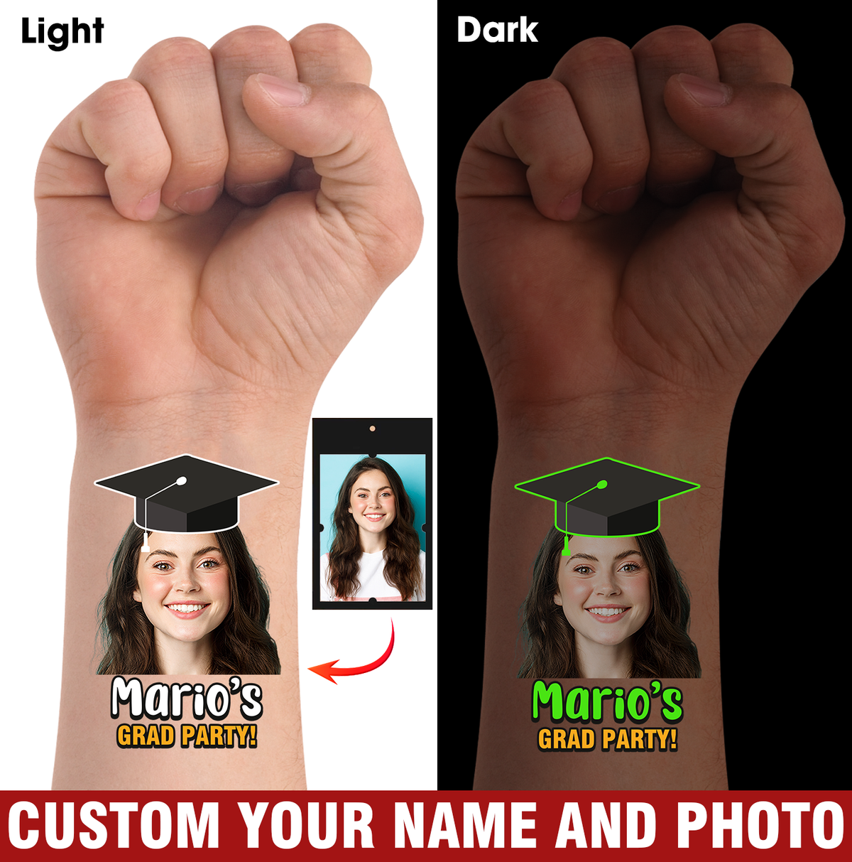 Grad Party, Custom Temporary Tattoo With Personalized Photo And Texts ...